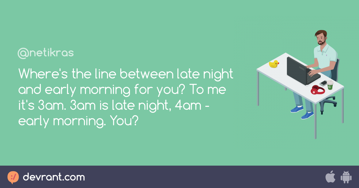 allnighters - Where's the line between late night and early morning for you? To me it's 3am. 3am ...