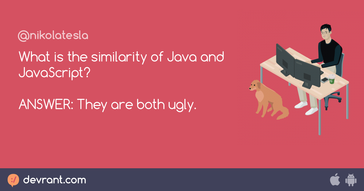 js - What is the similarity of Java and JavaScript? ANSWER: They are both ugly. - devRant