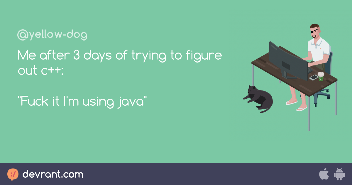 java - Me after 3 days of trying to figure out c++: "Fuck it I'm using java" - devRant