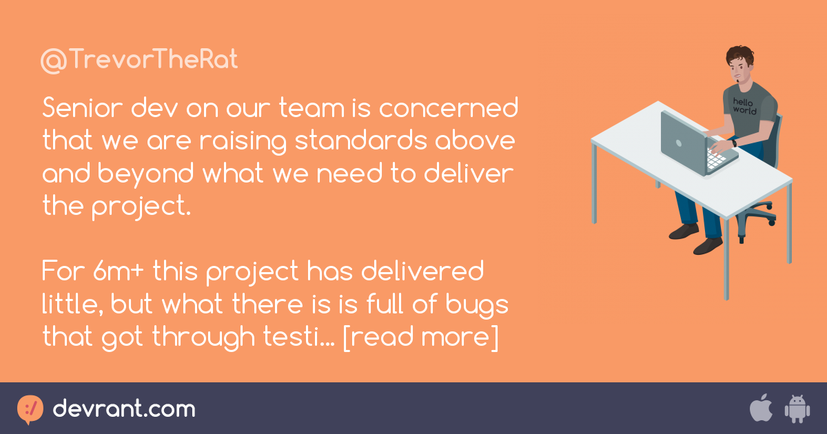 Senior dev on our team is concerned that we are raising standards above and beyond what we need ...