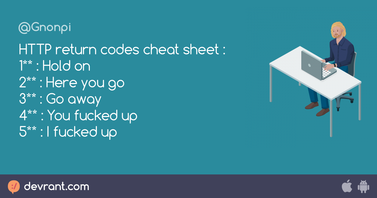 iknowwhatido - HTTP return codes cheat sheet : 1** : Hold on 2** : Here you go 3** : Go away 4 ...