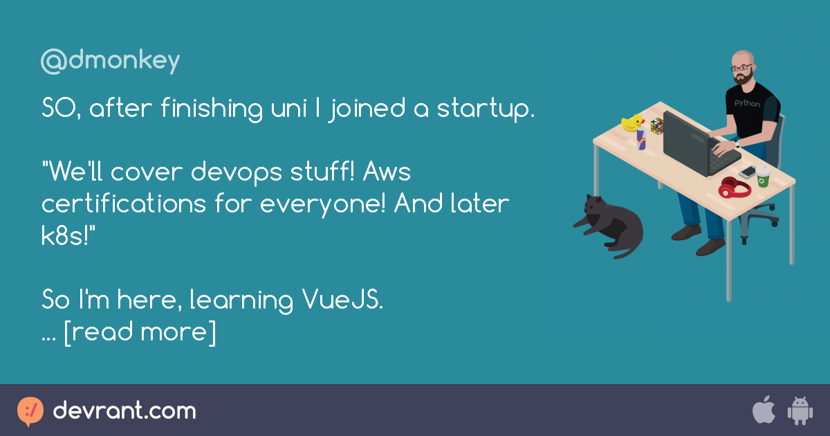js - SO, after finishing uni I joined a startup. "We'll cover devops stuff! Aws certifications ...